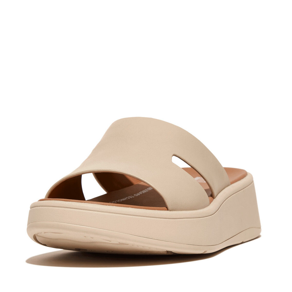 FitFlop F-MODE Raw-Edge Leather Flatform H-Bar Slides - Stone Beige ...