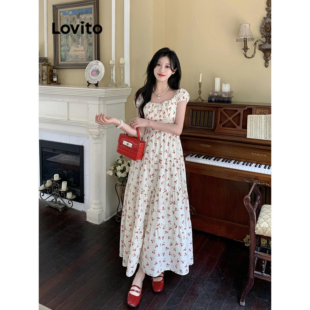 (Trendy) Lovito Elegant Dress Ditsy Floral Pattern Draped Structure ...