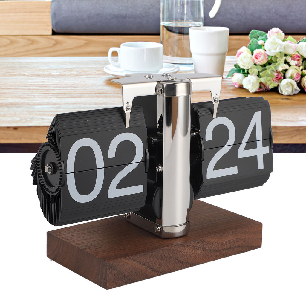 FUN~Flip Desk Clock Auto Mechanical Flip 24H Wood Base Stainless Steel ...