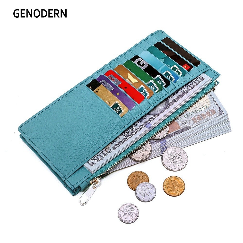 GENODERN Simple Ultra-Thin Women's Long Wallet Genuine Leather Zipper ...