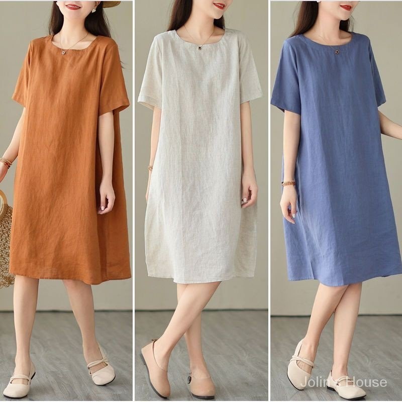 J1688👗👗Cotton Linen Dress 100% Cotton Dress Women Simple Literary Dress ...