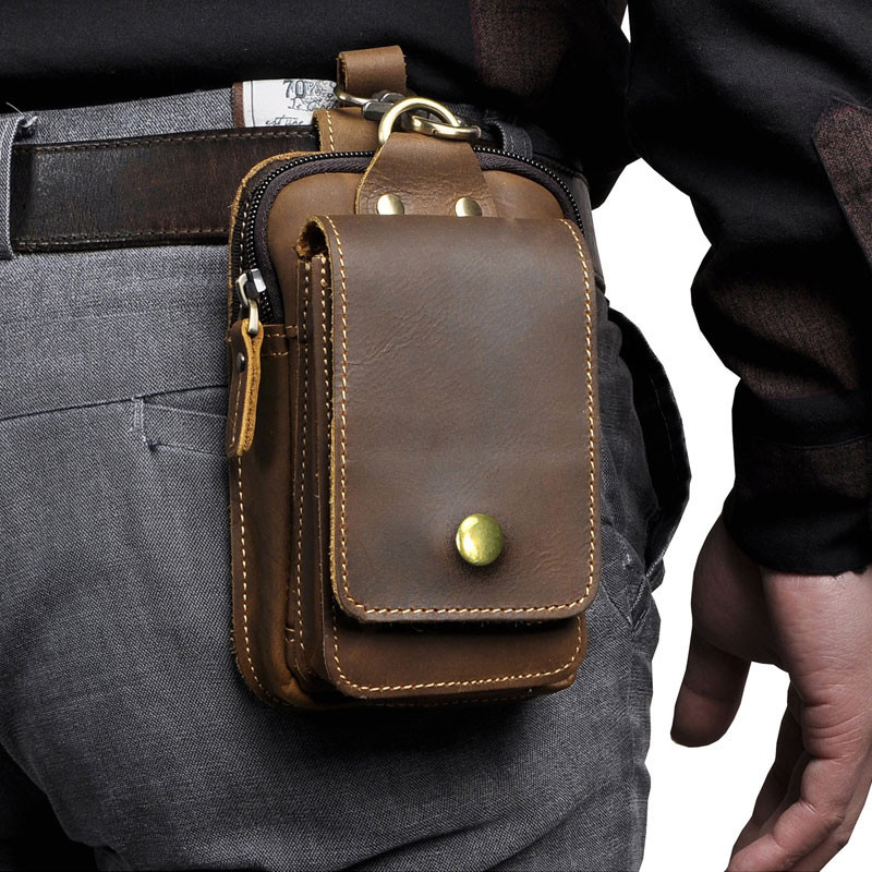 100% Cowhide Leather Men's Leather Waist pouch waterproof Waist Beg ...