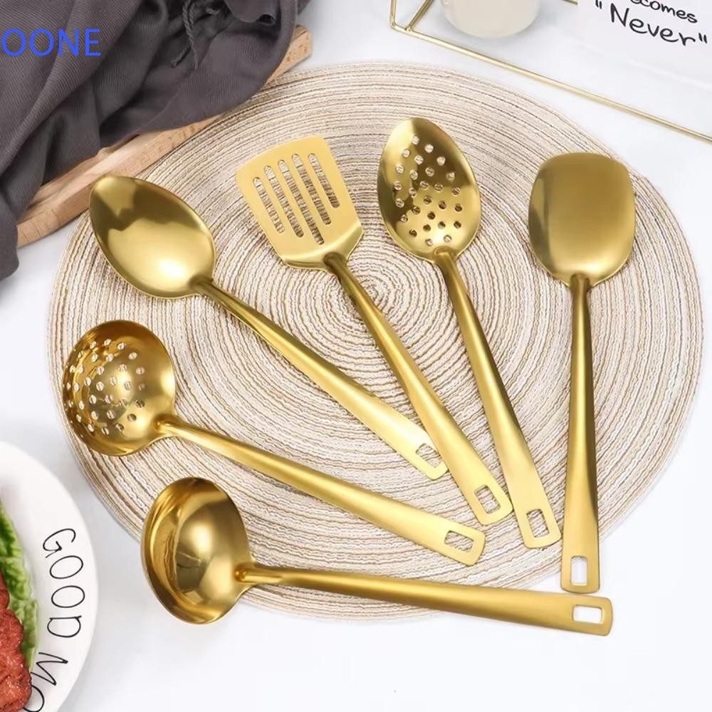 OONE 6pcs Kitchen Utensil Set, Long Handle Gold/Silver Soup Spoon Set ...
