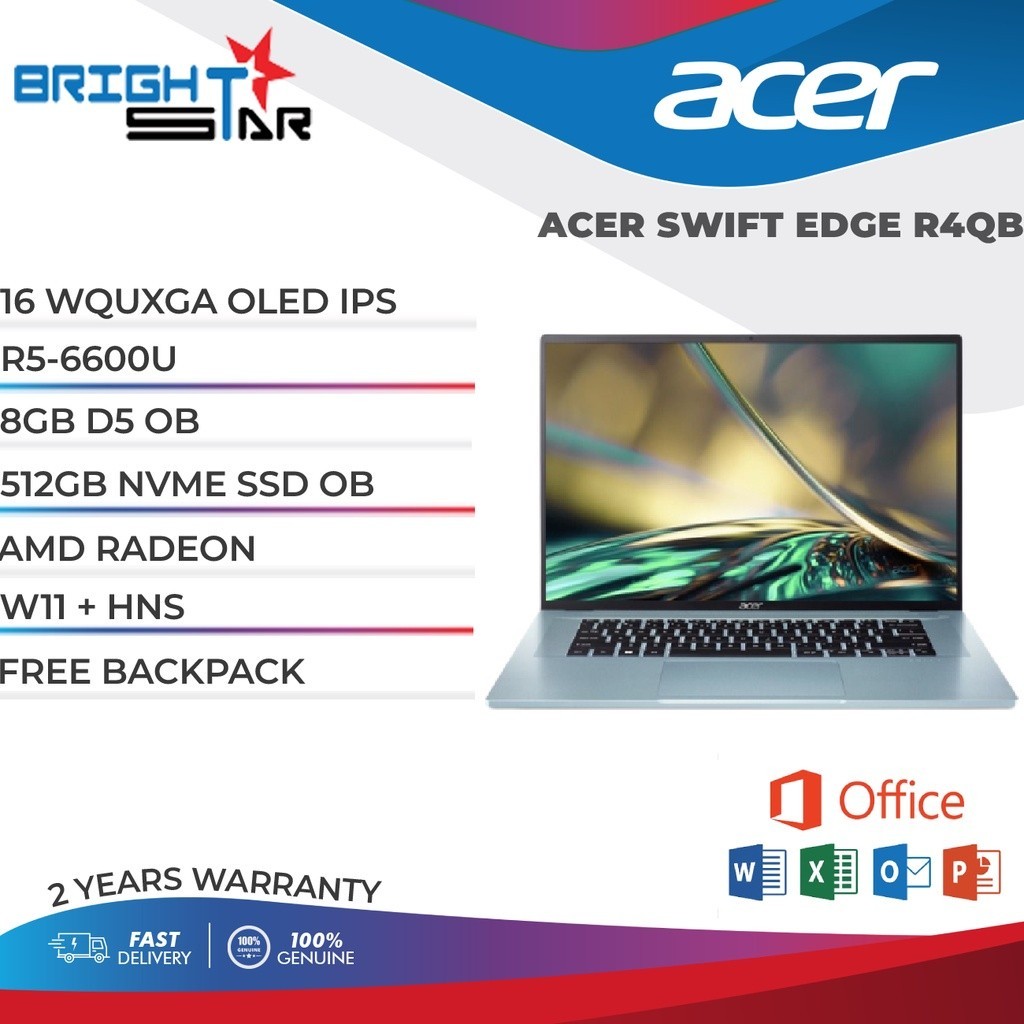 ACER SWIFT EDGE R4QB (16 WQUXGA OLED IPS / R5-6600U / 8GB D5 OB / 512GB ...