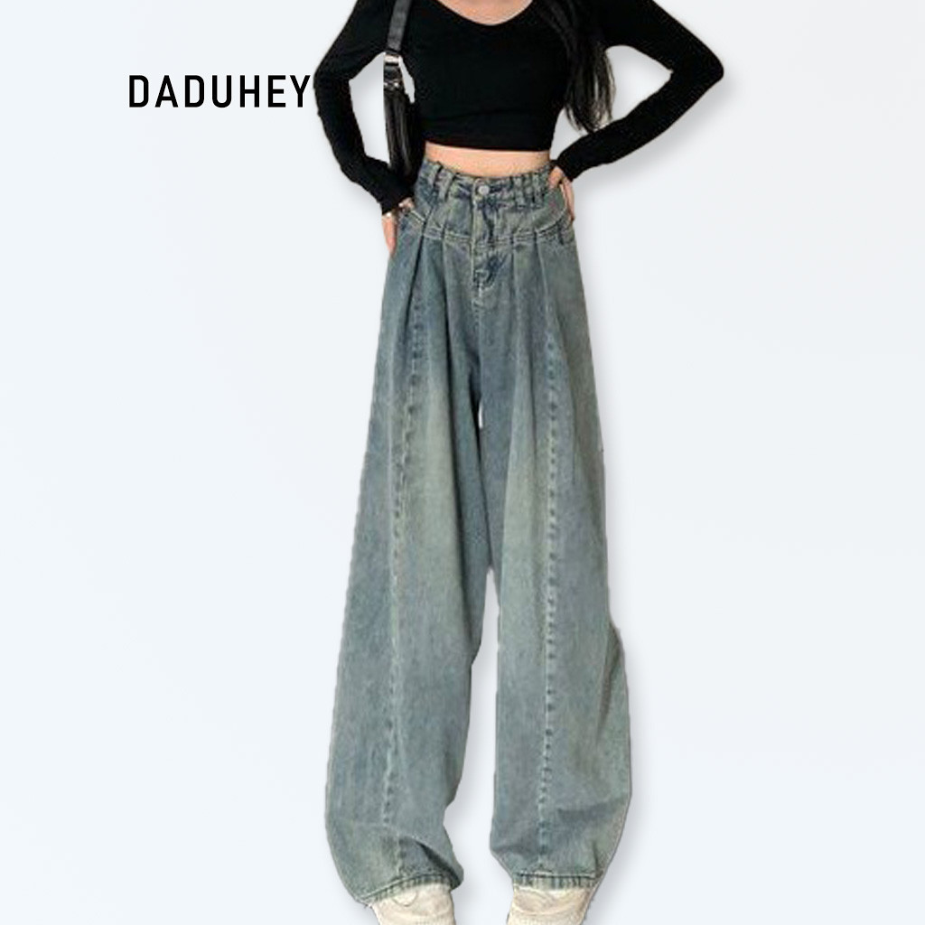 Daduhey baju raya perempuan Women Wide-Leg Jeans High-Waist Ins Draping ...