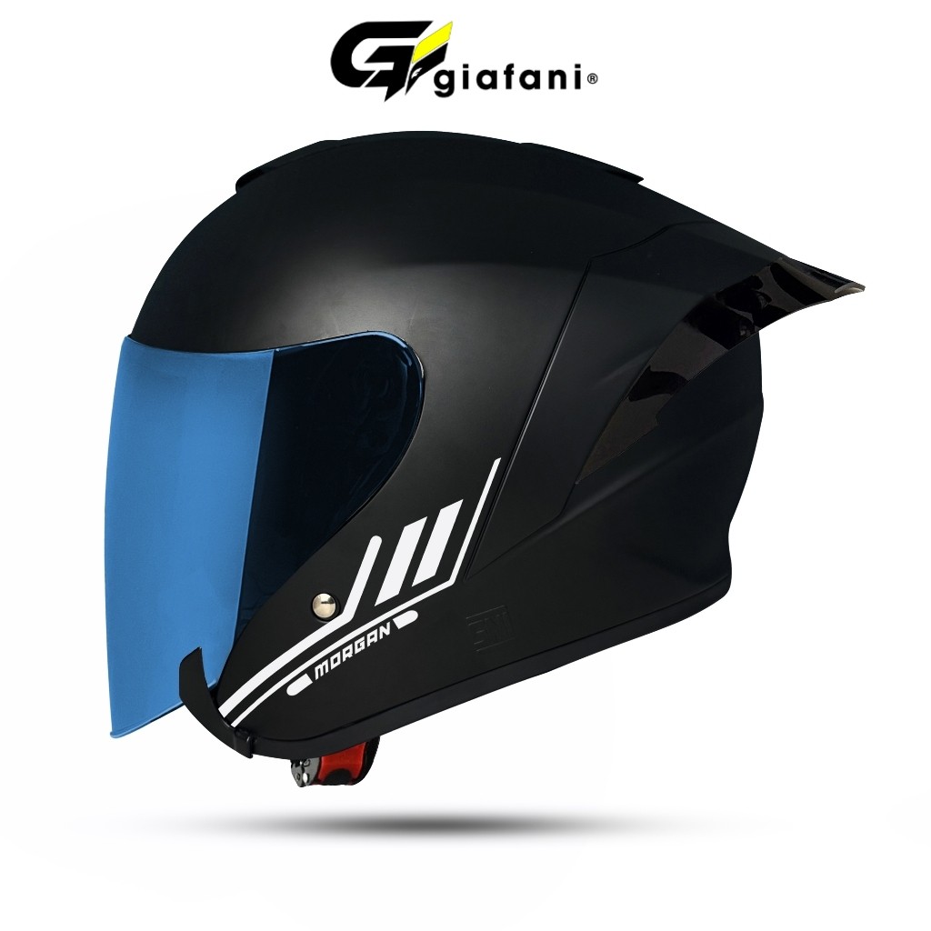 MJM MORGAN Half Face Helmet | Black Matte Blue Glass Spoiler 2D ...
