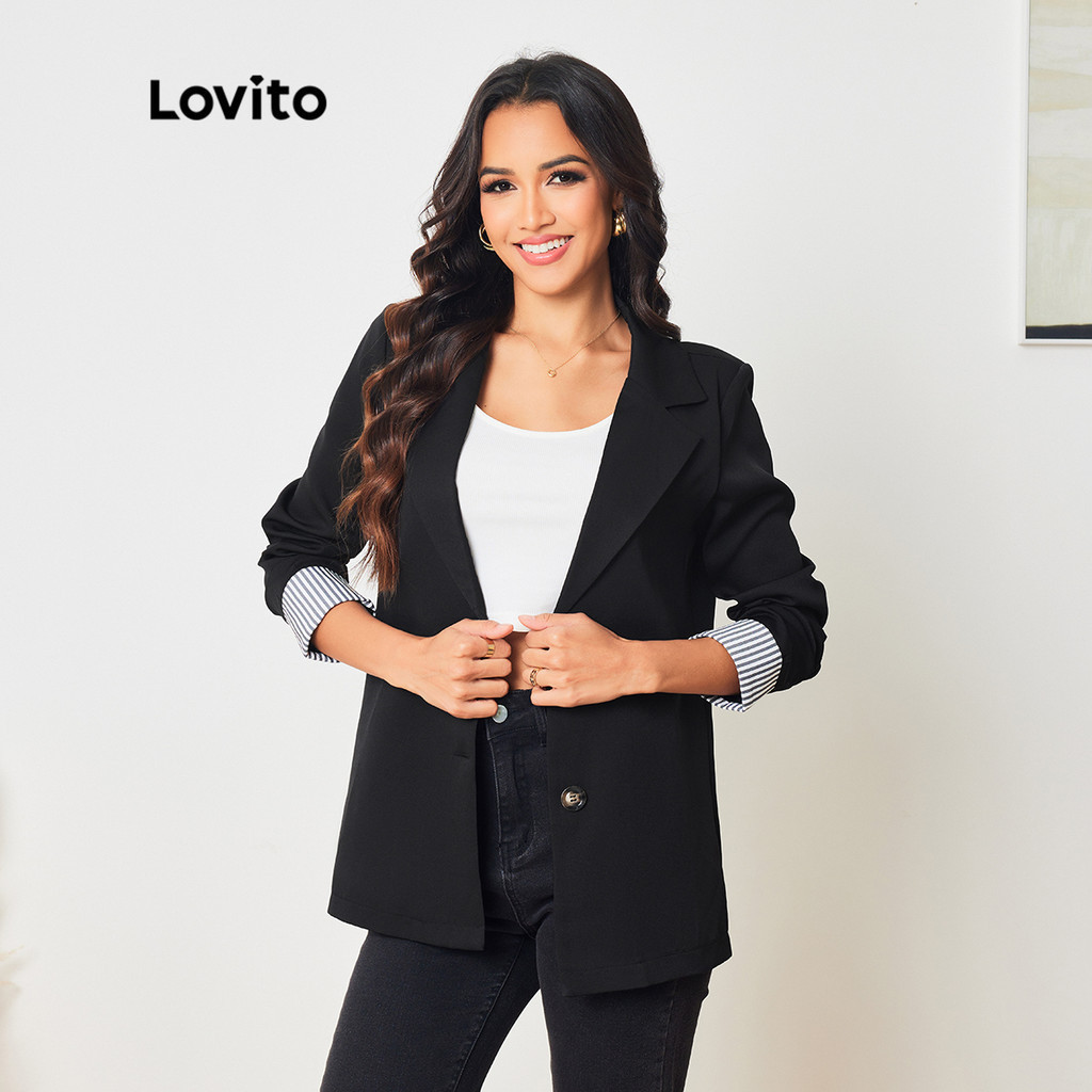 Lovito Casual Plain Fabric Stitching Button Front Blazers for Women ...