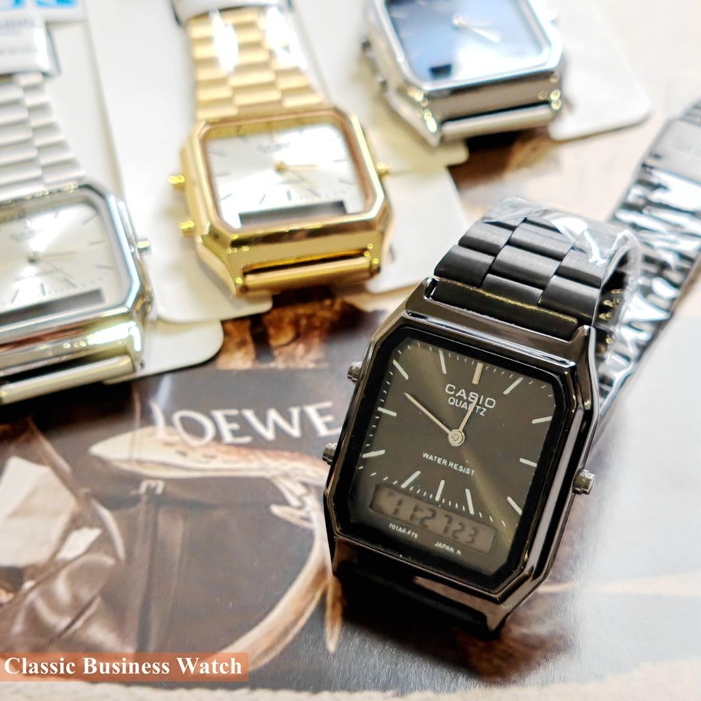 ( 2 YEARS WARRANTY ) Vintage AQ-230 Gold/Black/Silver Stainless Strap ...