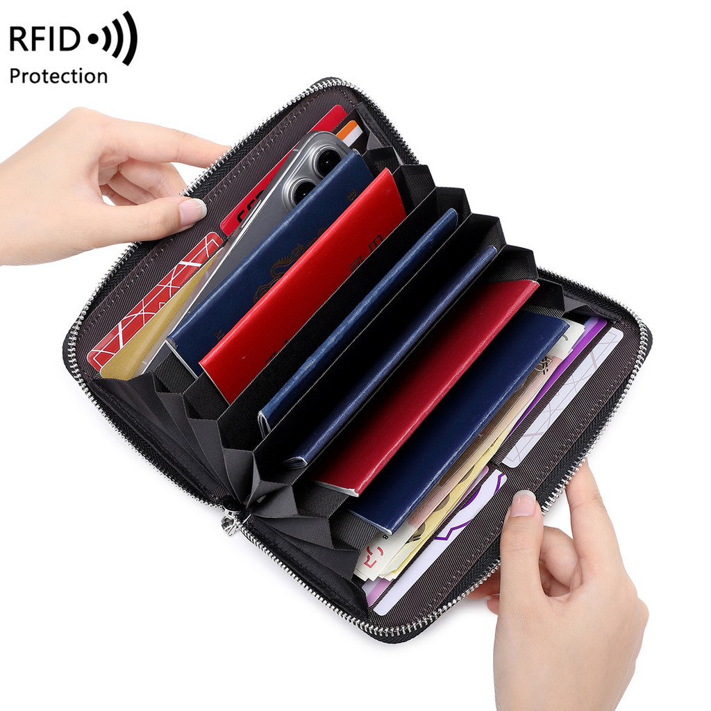 Leather RFID Passport Holder Zipper Long Passbook Bag Multifunctional ...