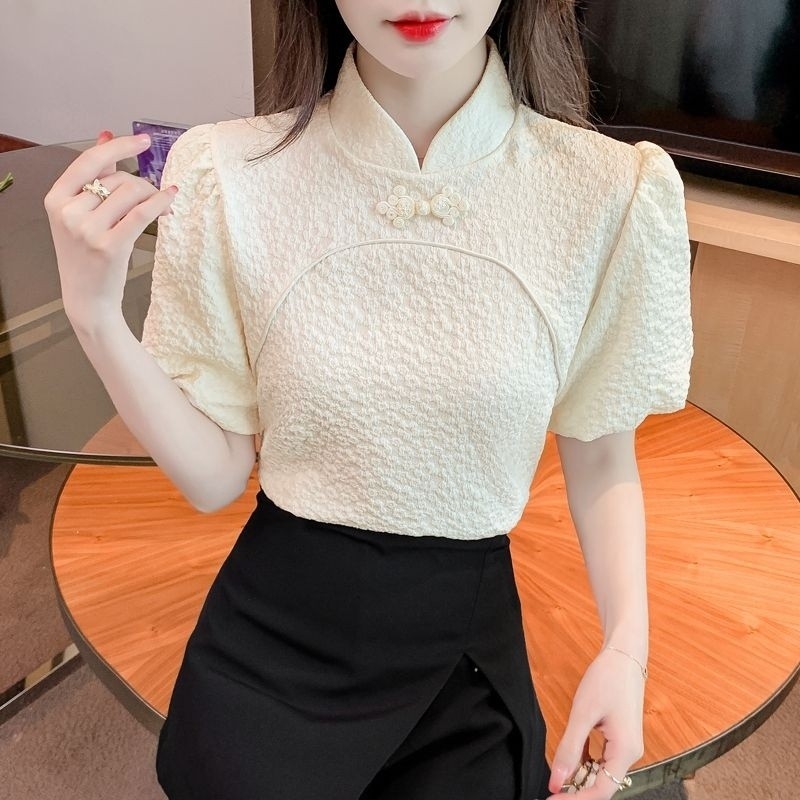 Musim Panas Baru Kolar Pendirian Lengan Puff Baju Jacquard untuk Wanita ...