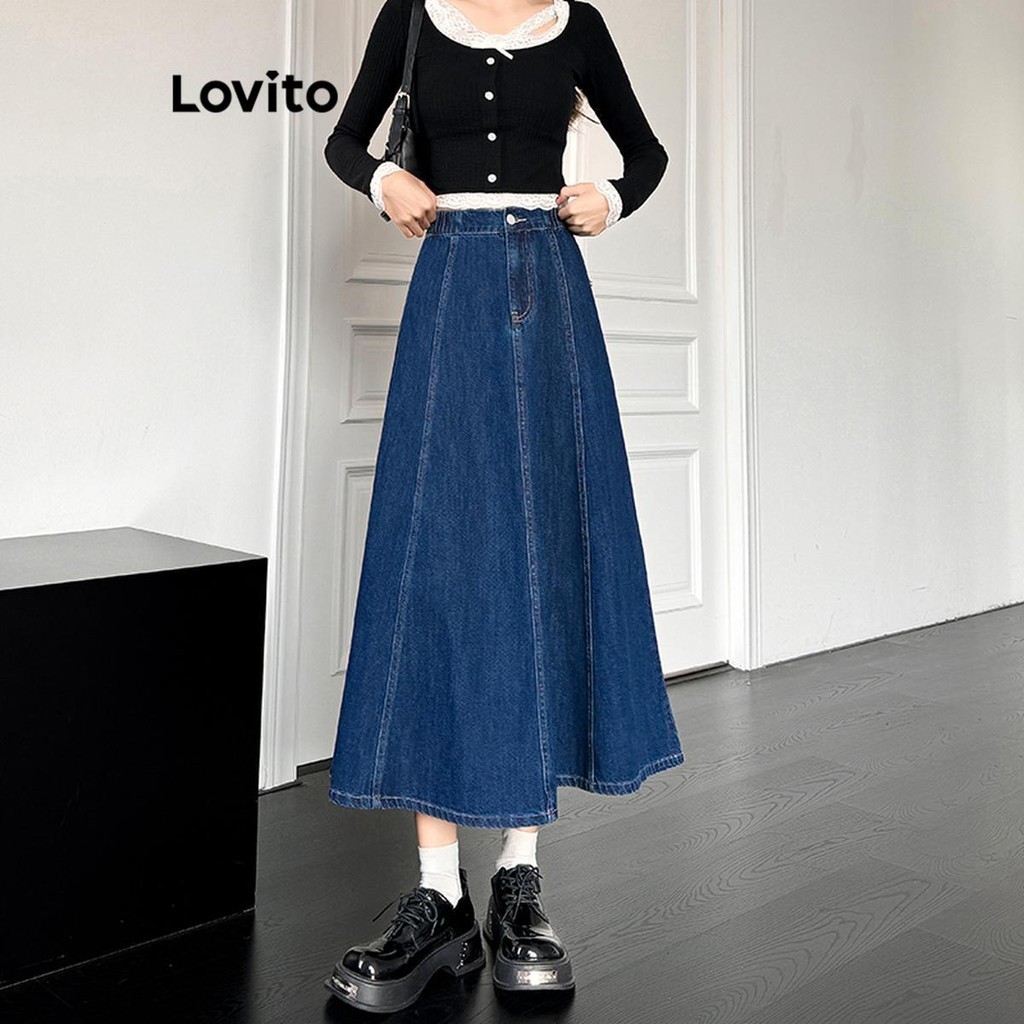 Lovito Casual Plain Colorblock Denim Skirt for Women LNE79351 | Shopee ...