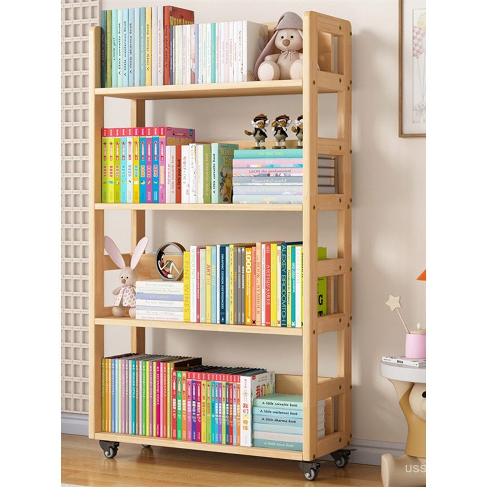 Solid Wood Bookshelf Movable Bookcase Double-Sided Shelf Rotating ...