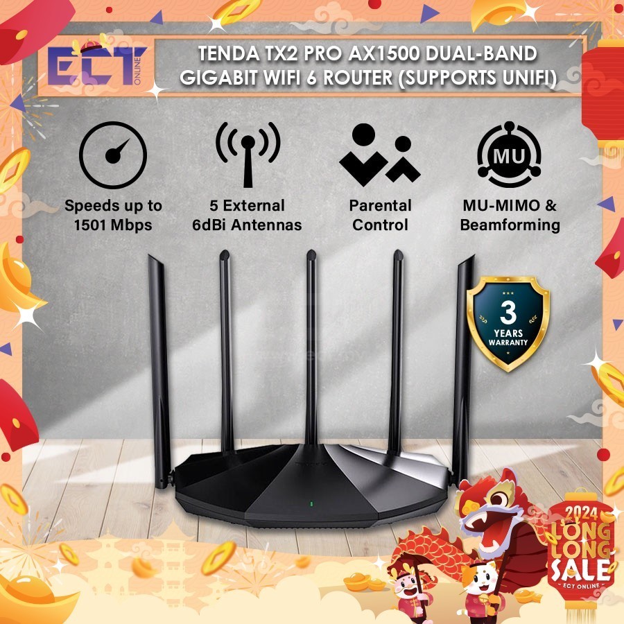 Tenda TX2 Pro AX1500 Dual-Band Gigabit WiFi 6 Router (Supports Unifi ...