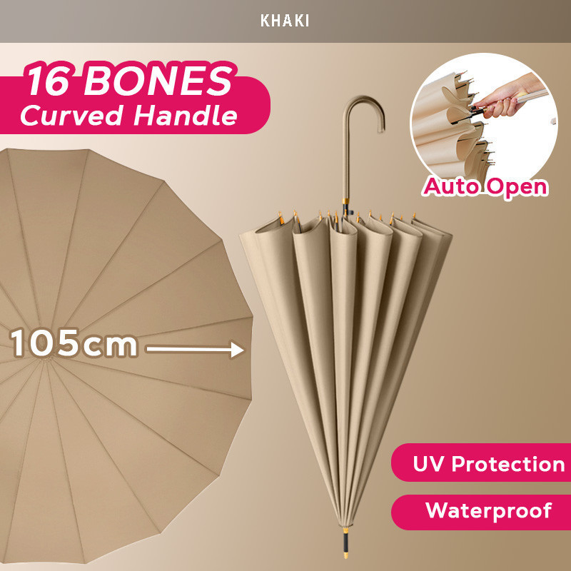 𝗦𝗘𝗖𝗨𝗥𝗘 𝗛𝗢𝗟𝗗 》16 Bones Curved Handle Umbrella Weatherproof Sun Protection Strong Ribs Folding ...