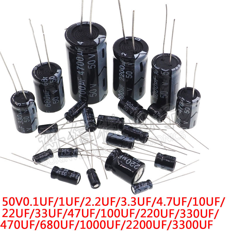 50v In-Line Aluminum Electrolytic Capacitor 0.1/0.47/1/2.2/3.3/4.7/10 ...