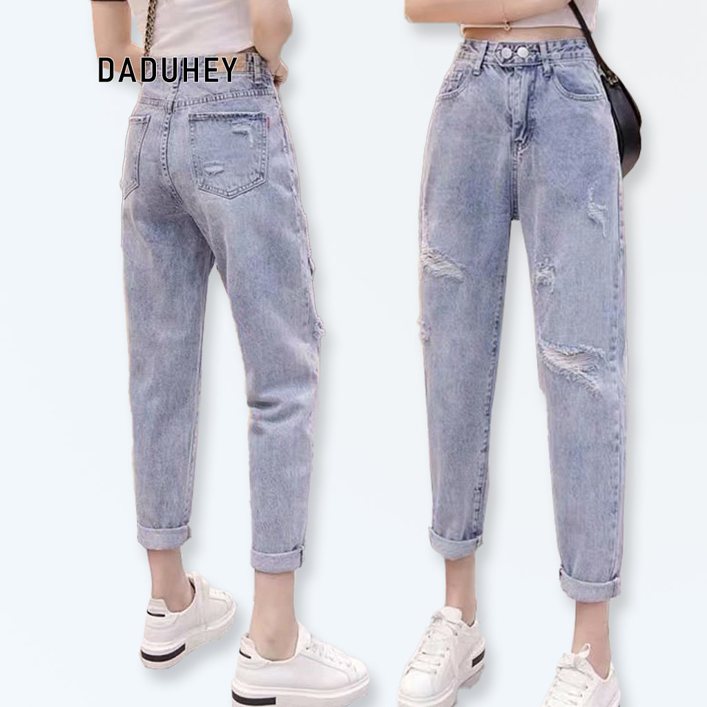 Daduhey baju raya 2024 High Waist Jeans Women's Loose Slim Ripped All ...