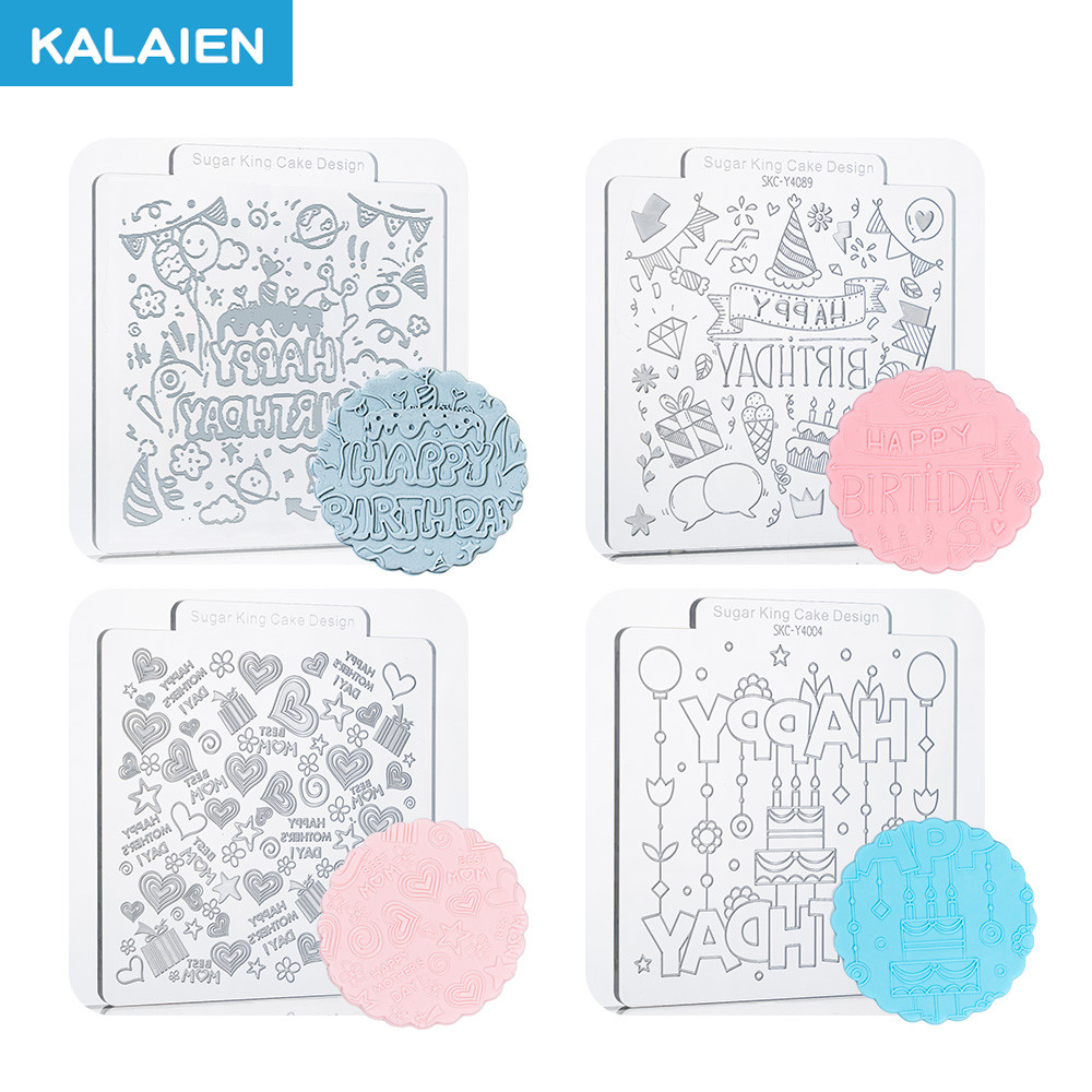 KALAIEN 4 Pattern Happy Birthday Cookie Embosser Fondant Impression Mat ...