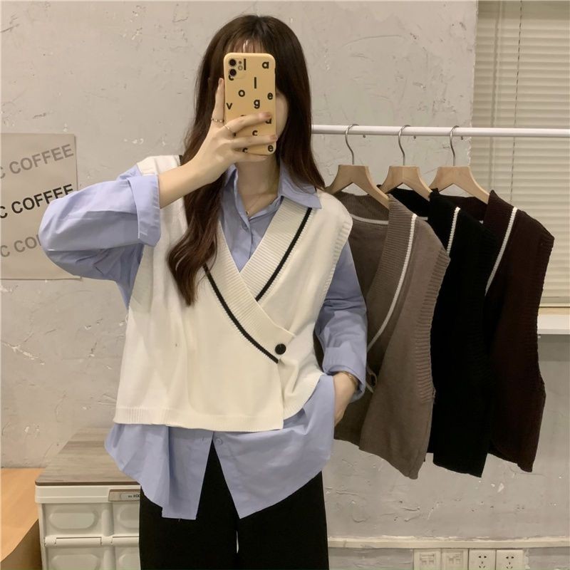Spring 2024 New Korean Style V-Collar Contrast Color Loose Knitted ...