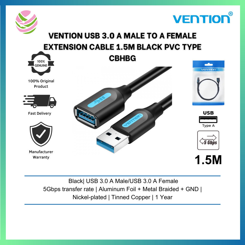 VENTION USB 3.0 A MALE TO A FEMALE EXTENSION CABLE 1.5M BLACK PVC TYPE ...