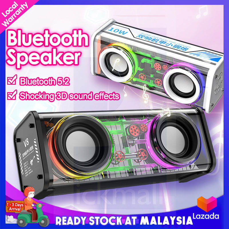 V8 Bluetooth Speaker TWS Stereo Surround TF Card LED Wireless 3D ...