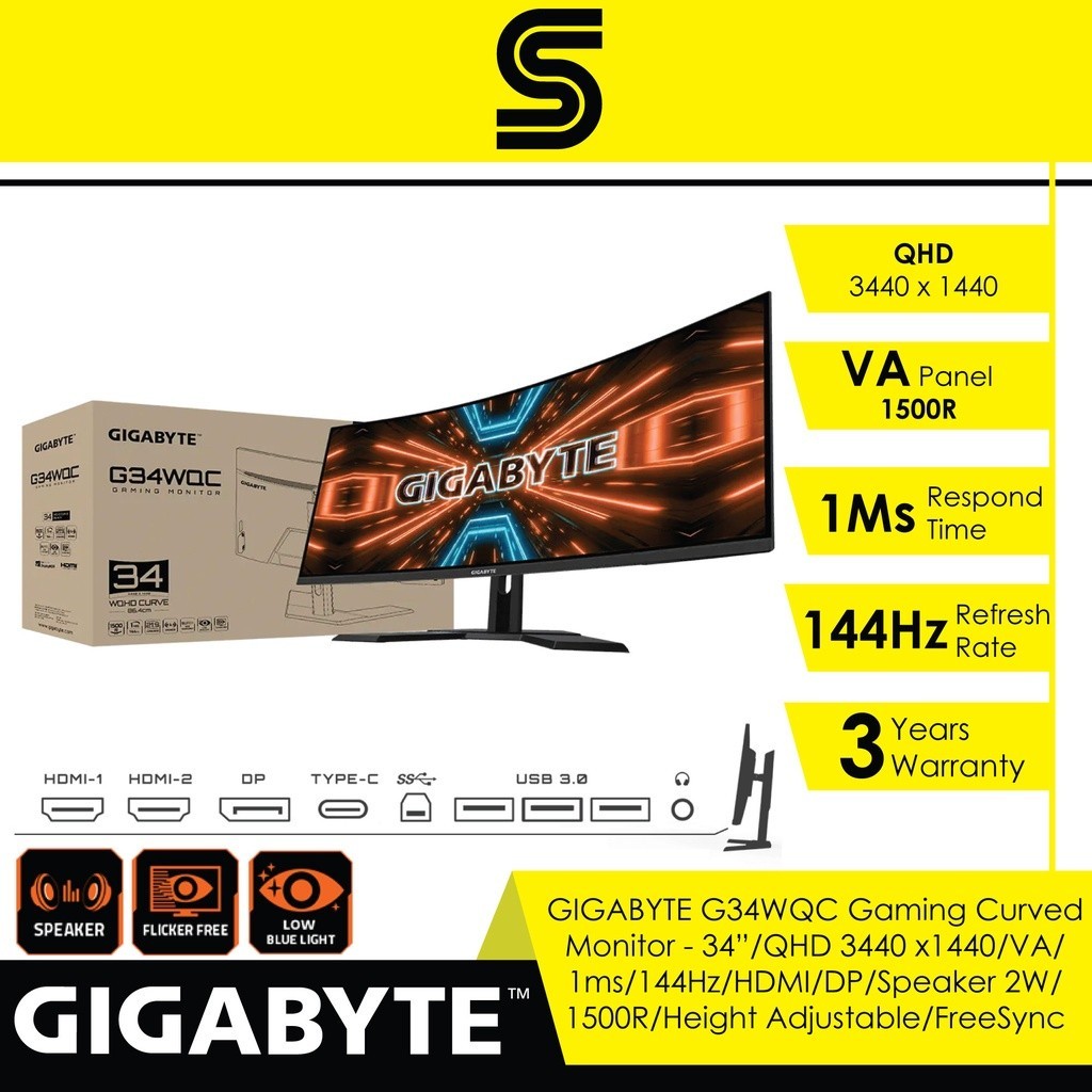 GIGABYTE G34WQC Gaming Curved Monitor-34”/QHD 3440x1440/VA/1ms/144Hz ...