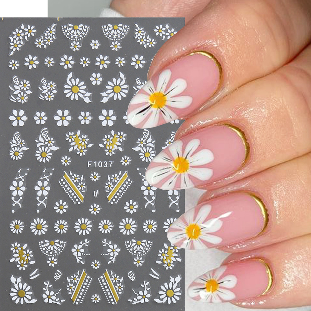 3D Daisy Nail Stickers White Gold Flowers Leaves Plant Floral Decals Spring Summer Self-adhesive ...