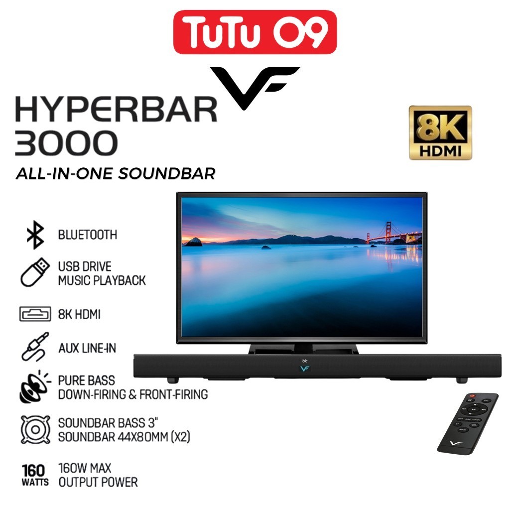 Vinnfier VF Hyperbar 3000 MAX 160W Bluetooth 5.3 All-In-One Soundbar ...