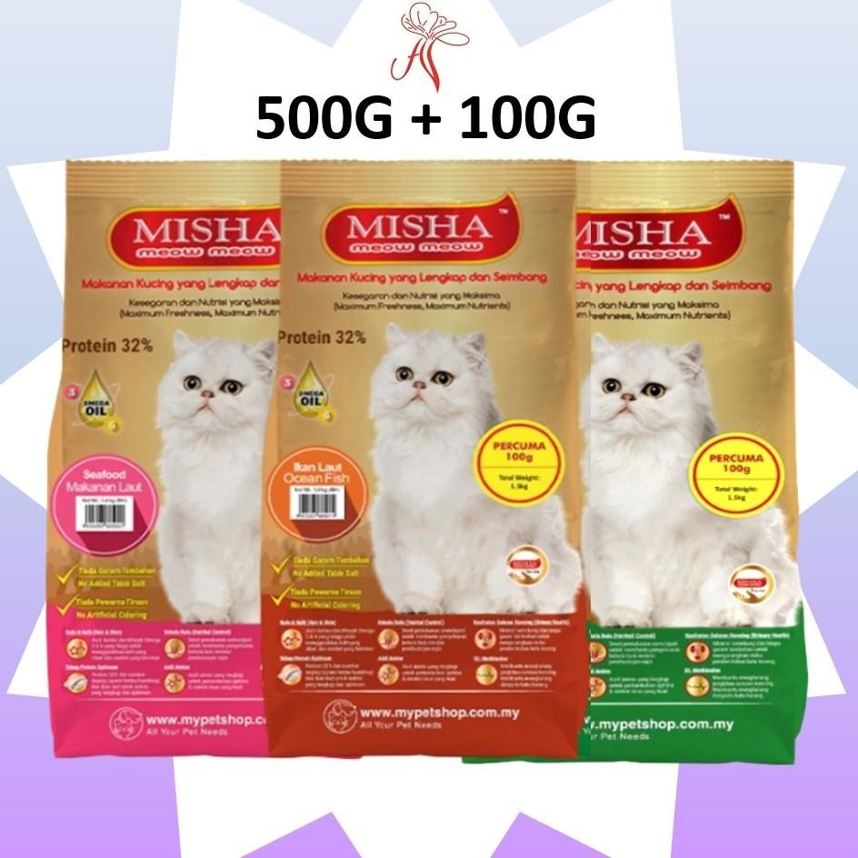 Misha Dry Cat Food Seafood/Ocean Fish/Tuna Chicken 500G+100G | Shopee ...