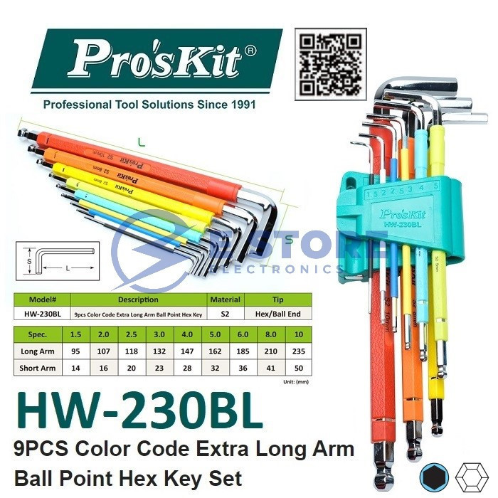 Pro'sKit HW-230BL 9PCS Colour Coded Extra Long Arm Ball Point Hex Key Set (Metric) | Shopee Malaysia