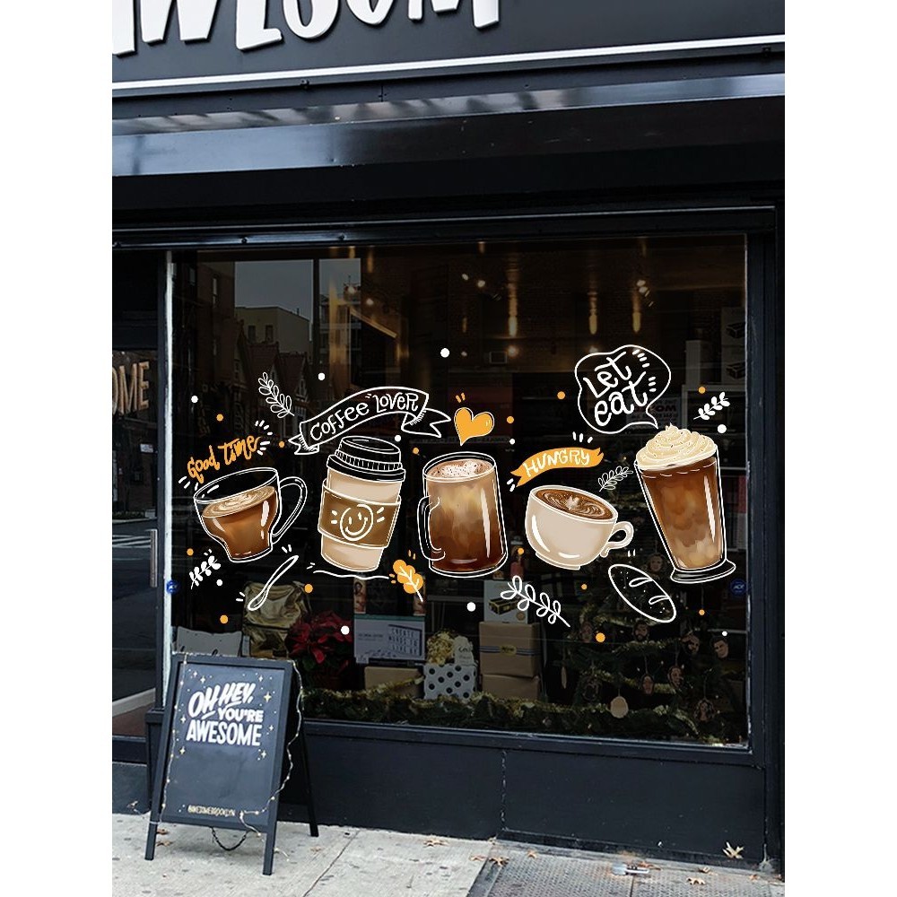 Coffee Shop Window Stickers Electrostatic Decoration Scene Layout Wall ...