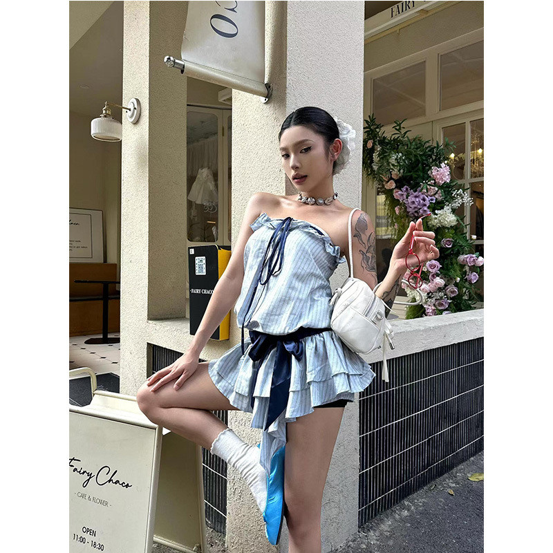 Trendy Light Blue Dress Hot Girl Color Matching Female Irregular ...