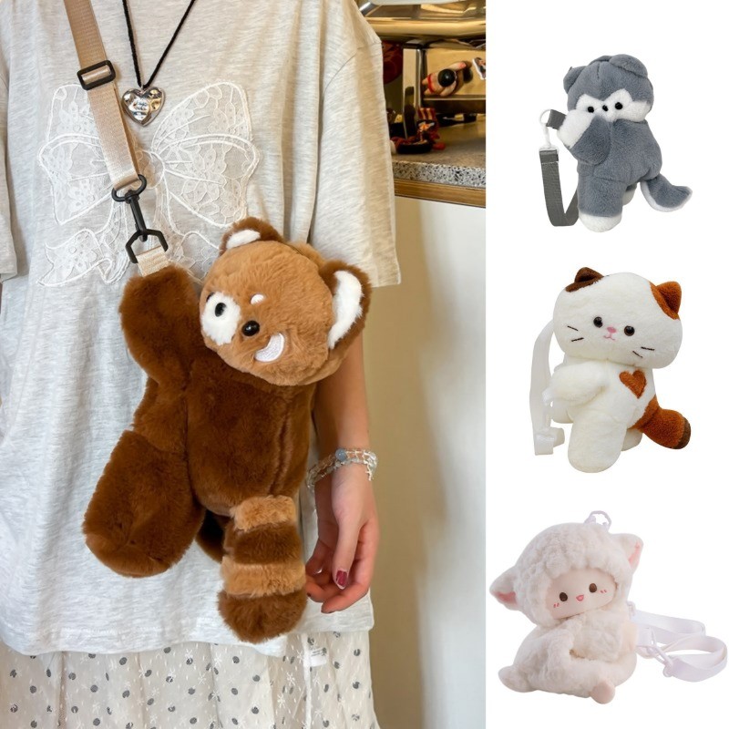 New Red Panda Plush Backpack Cute Plushie Doll Women Crossbody Fur Soft ...