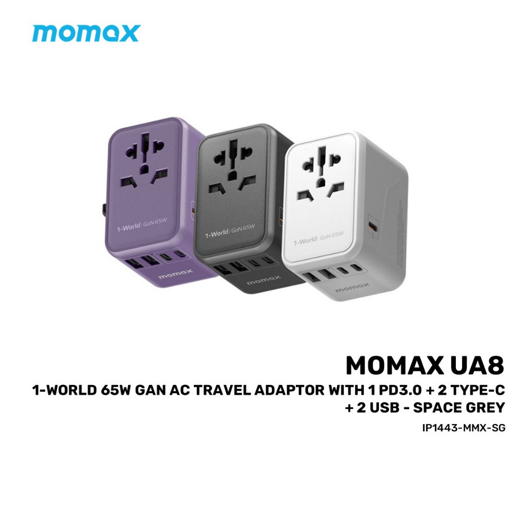 MOMAX 1-WORLD UA8 65W GAN AC TRAVEL ADAPTOR WITH 1 PD3.0 + 2 TYPE-C + 2 ...
