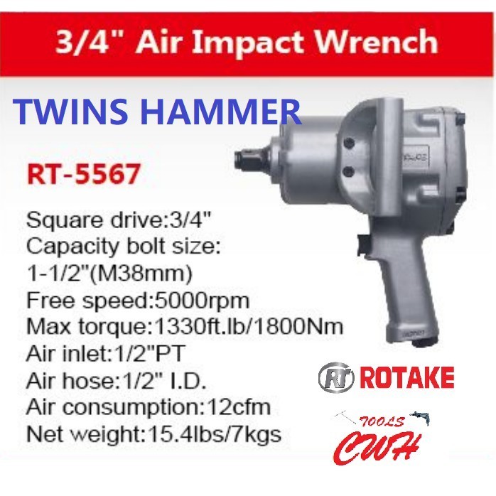 3/4" 1800Nm 38MM RT-5567 ROTAKE AIR PNEUMATC IMPACT WRENCH NUT OPENER ...