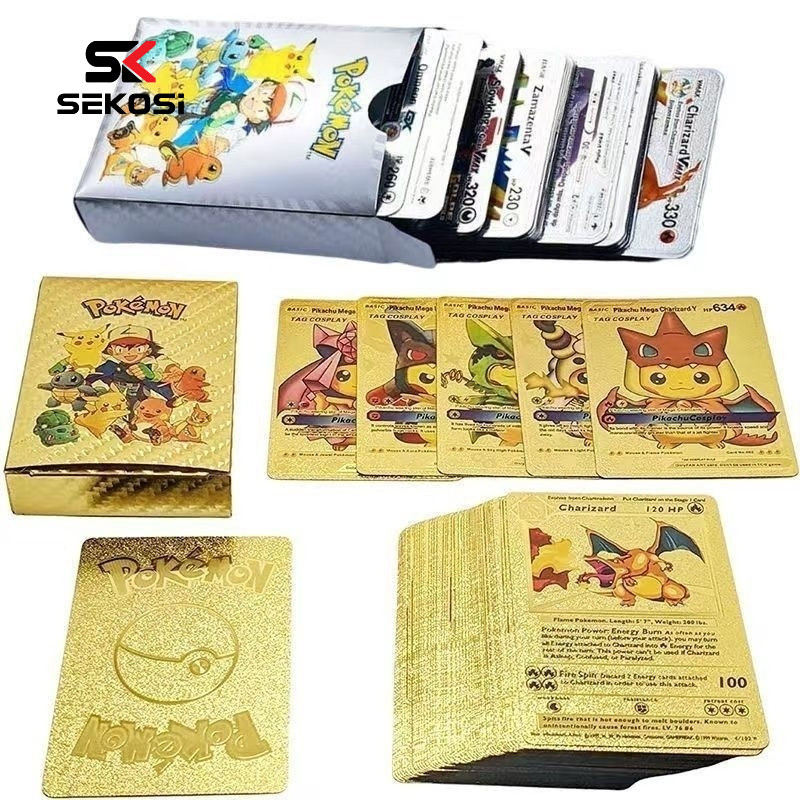 Sk55pcs Pokémon Card Board Game Anime Pokemon Pikachu Pattern Gold Foil ...