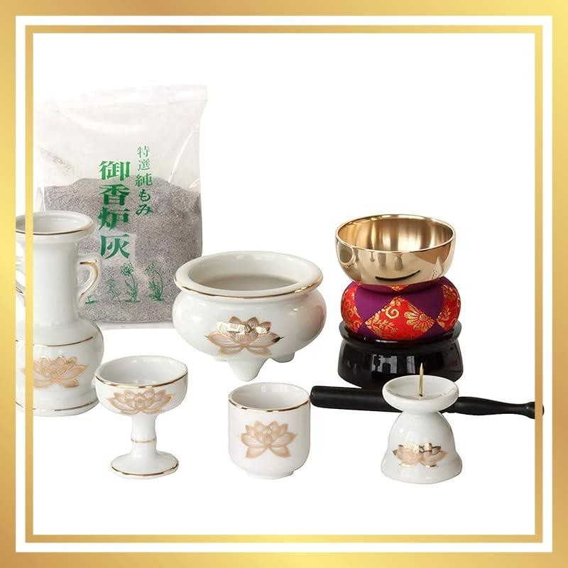 Buddhist altar set: 5-piece porcelain set with white lotus design ...