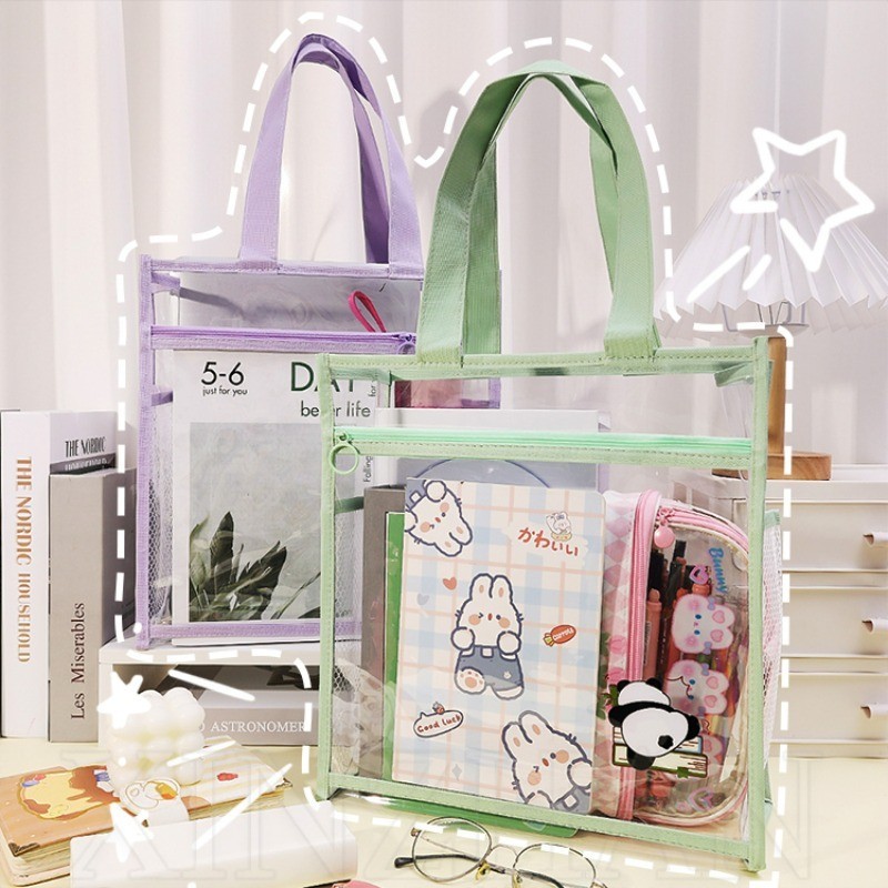 Double Layer Handbag - School Office Storage Supplies Transparent PVC ...