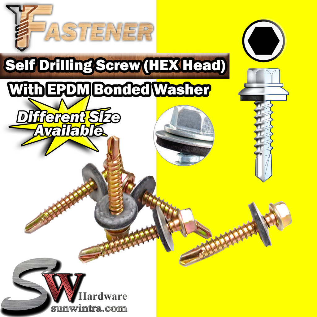 SW Hardware [BOX] Self Drilling Screw HEX Head Screw with Washer Zinc ...