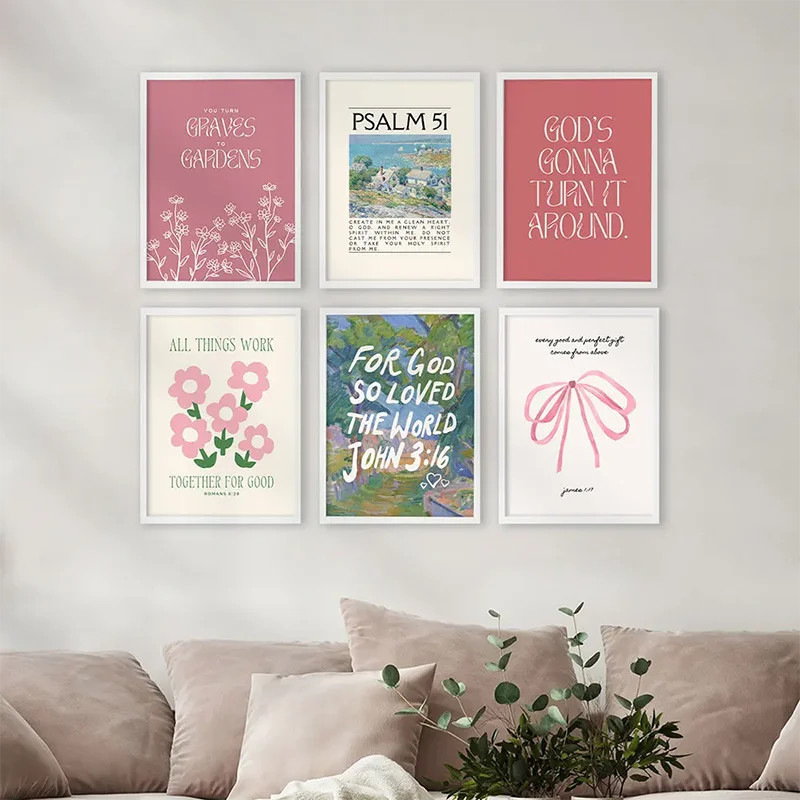 Cetak seni dinding Alkitab Kristian merah jambu, poster moden lanskap ...