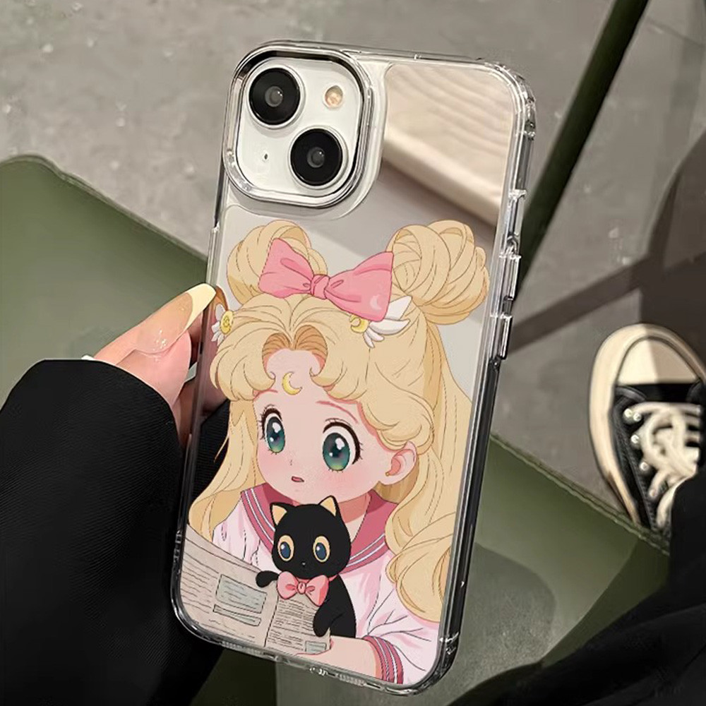 Korean Cute Cartoon Girl Mirror Phone Case for Iphone 15 14 13 Pro Max 12 11 Promax 15/14 Plus ...