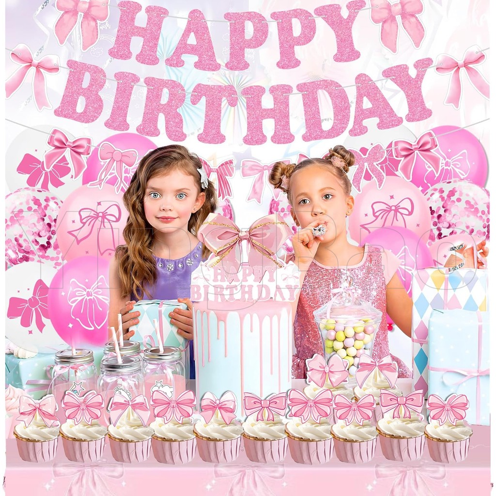 Pink Bow theme Decorations, Pink Bow Birthday Banner, Bow Party Hanging ...