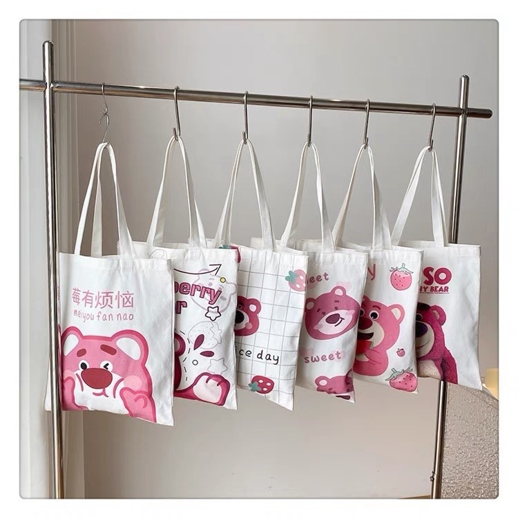 Lotso Pink Strawberry Bear Cartoon Tote Bag Canvas Bag Women ...