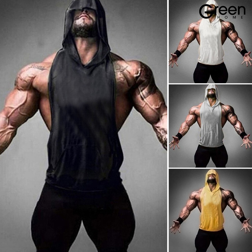 【gr】men Sports Vest Hooded Sleeveless Solid Color Loose Deep Armpit Big