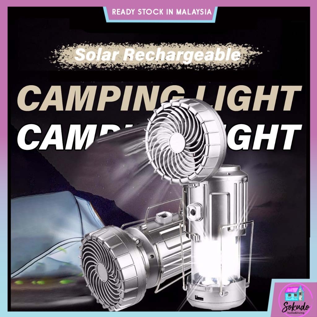 Camping Solar Lantern Fan Outdoor Rechargeable Tent Lamp Light Hiking ...