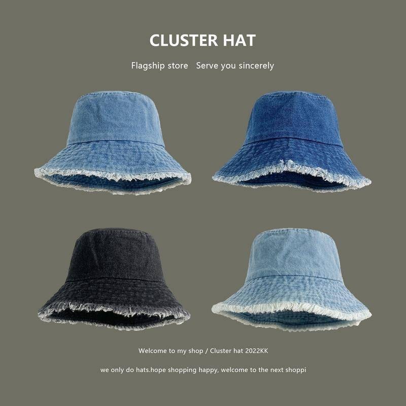 Japanese Retro Denim Frayed Face-Covering Bucket Hat Spring Summer ...