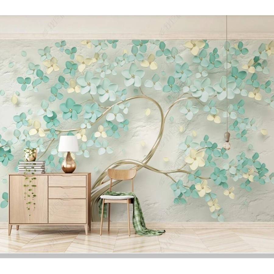 Custom 3D Stereo White Flowers tree wallpaper sticker mural Living Room ...