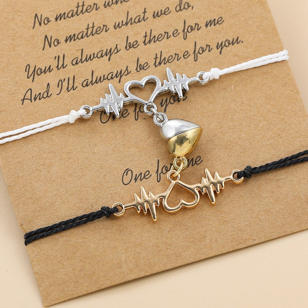 Magnet ECG Couple Girlfriend Bracelet Set Black White Braided Love ...