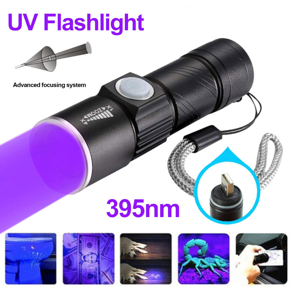Portable UV Flashlight Zoomable Ultraviolet Blacklight Rechargeable Led Torch Waterproof 3 Modes ...