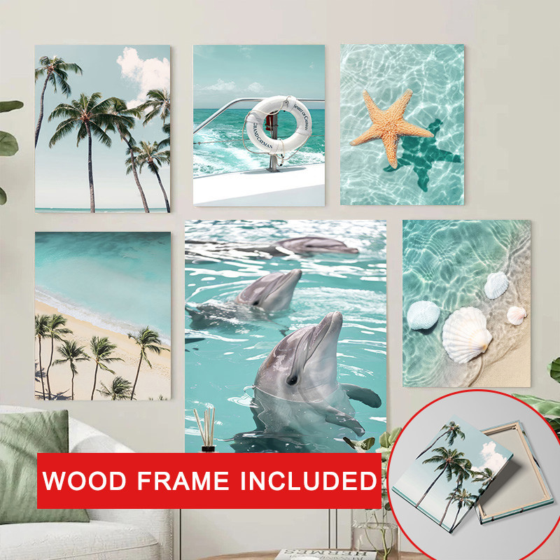 (With Frame）Seaside Landscape Canvas Beach, Starfish Poster, Interior ...