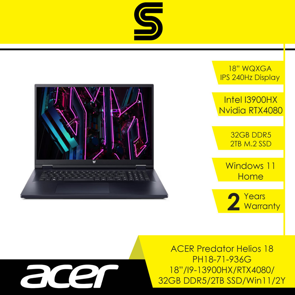 ACER Predator Helios 18 PH18-71-936G Gaming Laptop - 18" WQXGA IPS 240Hz/I9-13900HX/32GB DDR5 ...